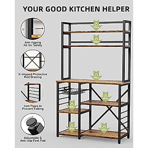 Gizoon Home Kitchen Baker's Rack with Spacious Storage, 5 Tier Versatile Microwave Stand Shelf with Basket & Side Hooks,Free Standing, Sturdy, Durable-Retro