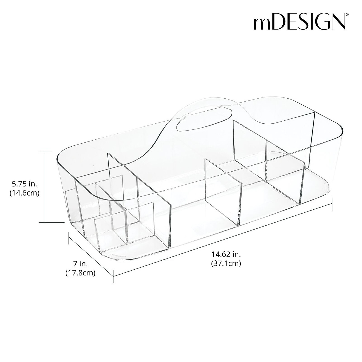 mDesign Plastic Divided Cosmetic Organizer Caddy Tote Bin with Handle, for Bathroom Vanity Storage - Holds Blush, Makeup Brushes, Palettes, Lipstick, Nail Polish - Lumiere Collection - Clear