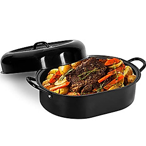 Granite Stone Oval Roaster Pan, Medium 18.8” Ultra Nonstick Roasting Pan with Lid, Grooved Bottom for Basting, Broiler Pan for Oven, Dishwasher Safe, Up to 15lb Turkey / Roast, Serves 6 – 12 Guests
