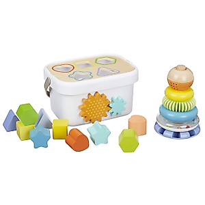 Amazon Basics Wooden Shape Sorter and Rainbow Stacker Classic Toy Set-Sorting Play For Infants Age 12M+, Multicolor