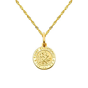 The World Jewelry Center 14k REAL Yellow Gold Religious Saint Christopher Medal Pendant with 1.2mm Singapore Chain Necklace - 24"
