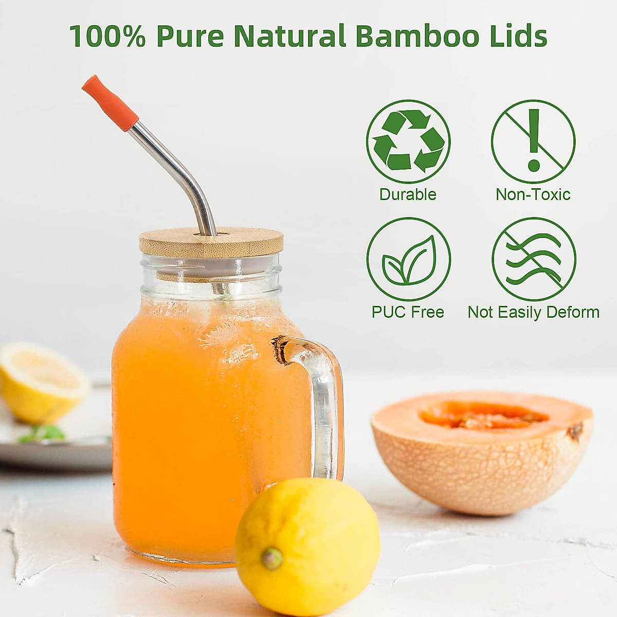 Mason Jar Lids - 12 Pack Mason Lids - Bamboo Wood with Silicone Sealing Rings for Regular Mouth Mason Jar Drinking Straw Lids with 12 Stainless Steel Straws