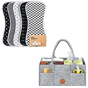 Organic Burp Cloths for Baby Boys and Girls and Baby Diaper Caddy Organizer Bundle - Burping Cloth, Newborn Towel, Milk Spit Up Rags (MONOS) - Car Caddy Diaper Holder, Storage Caddy (Classic Gray)