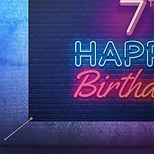 Glow Neon Happy 7th Birthday Backdrop Banner Decor Black – Colorful Glowing 7 Years Old Birthday Party Theme Decorations for Boys Girls Supplies