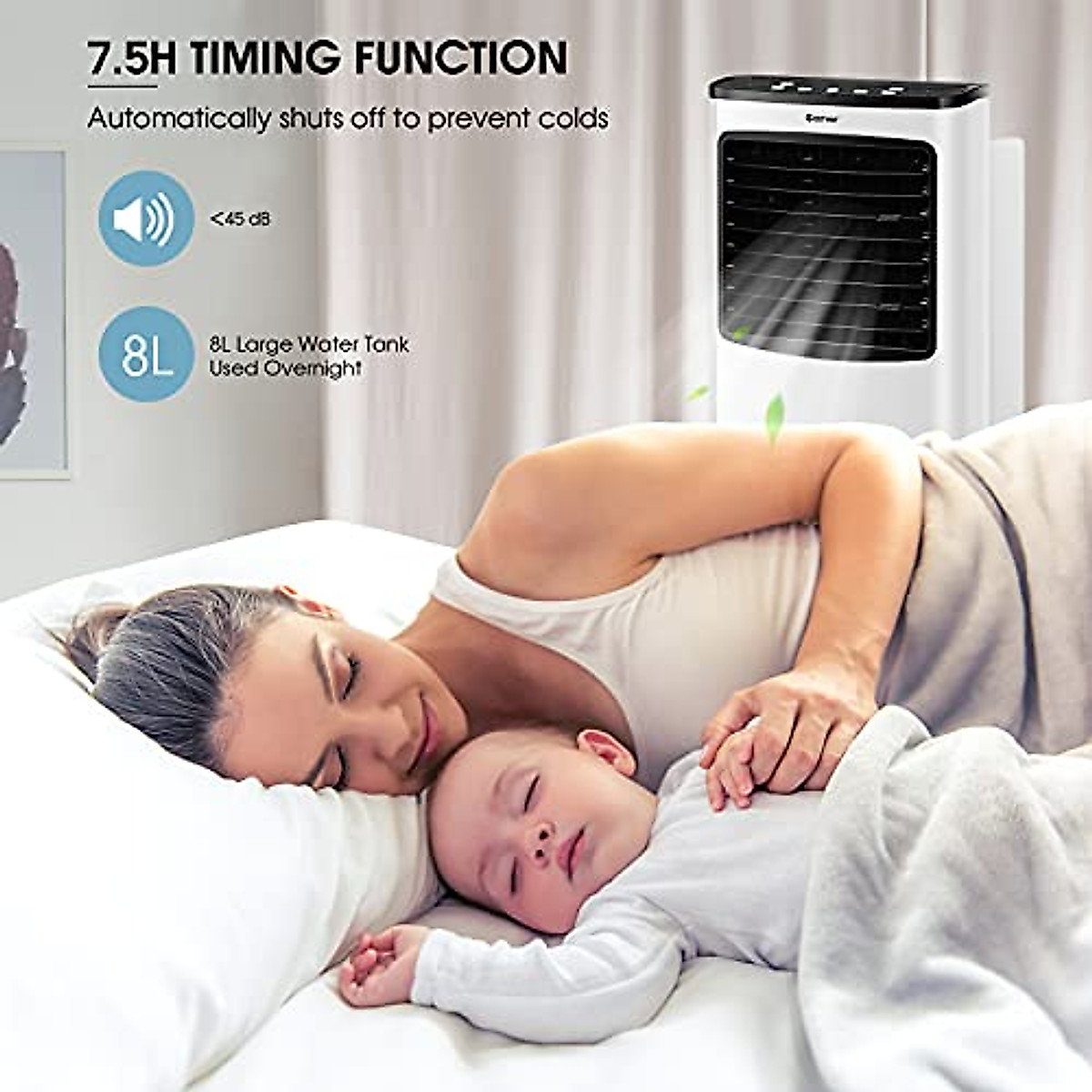 COSTWAY Evaporative Cooler, Portable Cooling Fan with Remote Control, 3-Mode, 3-Speed and 7.5H Timer Function, Water Tank and Casters, Bladeless Air Cooler for Home Office (White)