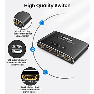 HDMI Switch 3 in 1 Out 4K UHD HDMI Switcher Splitter, Automatic Switch with Remote Metal HDMI Switch Box Hub Support 4K 30Hz 3D 1080P HDCP1.4 for PS5 PS4 Xbox DVD Player Fire Stick Apple TV PC