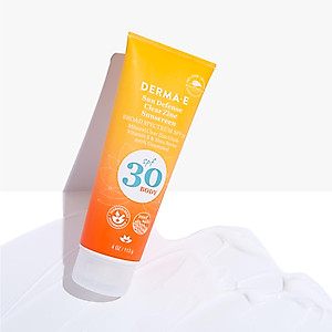 DERMA E Sun Defense Mineral Sunscreen SPF 30 Body – Broad Spectrum Sun Cream – Fragrance Free Zinc Oxide and Titanium Dioxide Aging Reducing Protection, 4 Oz