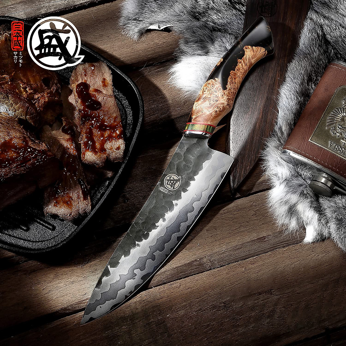 MITSUMOTO SAKARI 8 inch Hand-Forged Japanese Gyuto Chef Knife, Professional 440C Damascus Kitchen Knife, Advanced Art Forging Meat Cleaver Chef's Knives (MapleWood Handle & Gift Box)