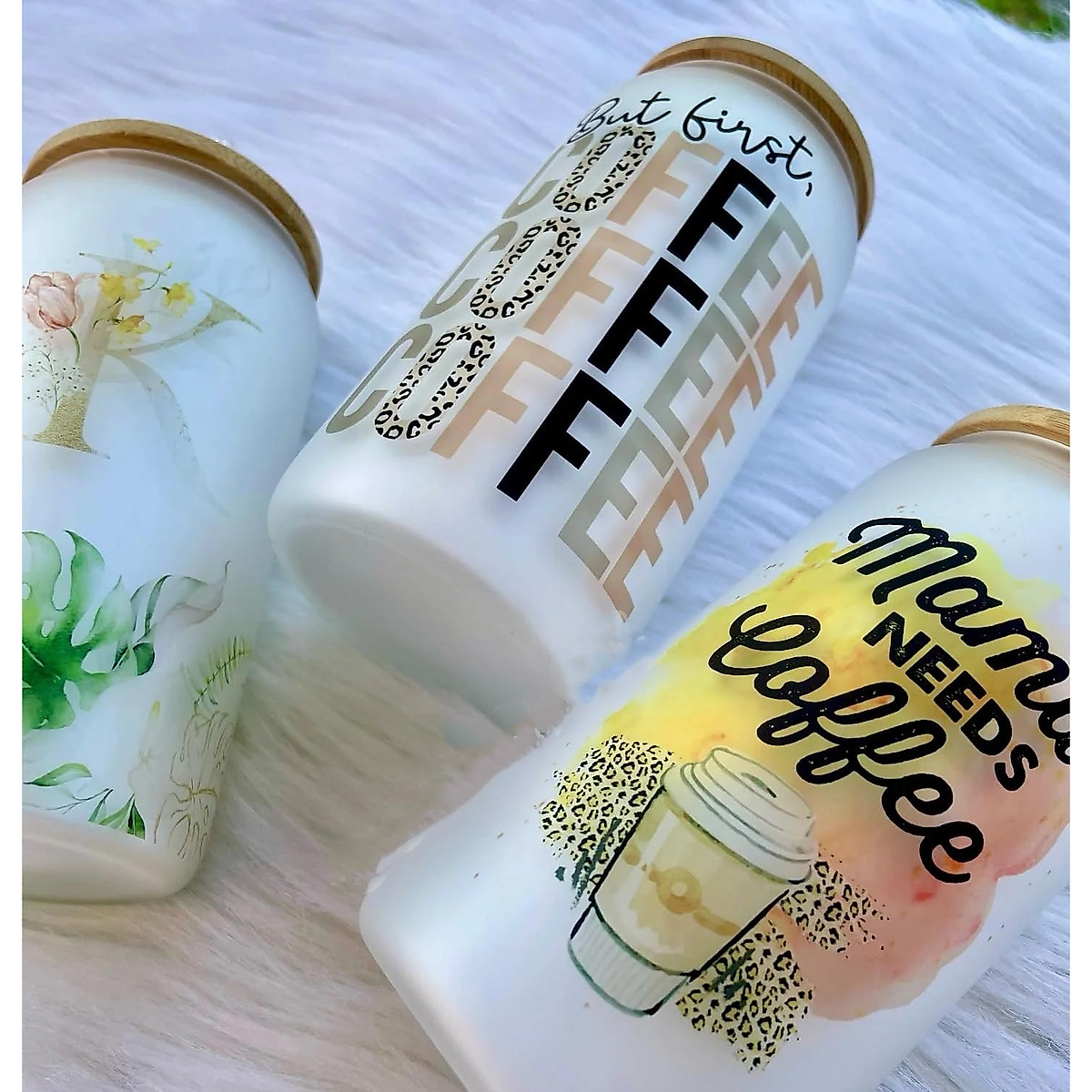 ABBSH Frosted Sublimation Glass With Bamboo Lid, Sublimation Glass Cups With Bamboo Lids And Straws 16OZ, Sublimation Frosted Glass Tumbler, Sublimation Beer Can Glass Blanks 8Pack