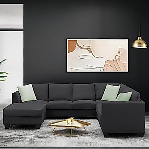 P PURLOVE Sectional Sofa, 7 Seats Modular Sectional Sofa with Ottoman, Fabric Sofa Corner Couch Set with 3 Pillows (Black)