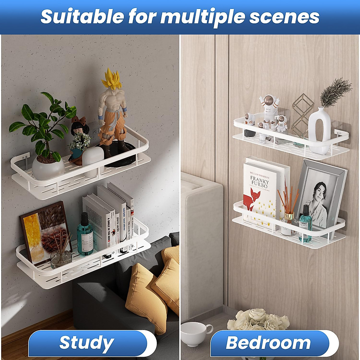 lanlord Wall Mounted Shower Caddy Shelf Organizer Rack,2 Pack No Drilling Adhesive Shower Shelves,Bathroom Shower Organizers and Storage,Save Space With Hooks,Apartment Essentials (White 2LWLT).