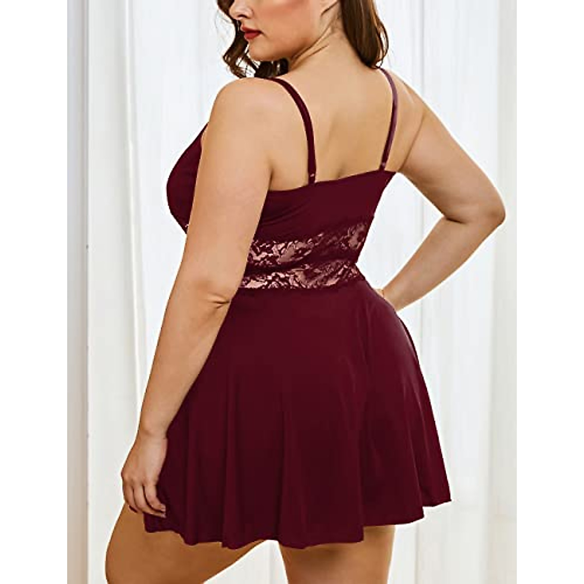 XAKALAKA Women's Plus Size Lingerie Babydoll Front Slit Lace Mesh Chemise Sleepwear Wine XL