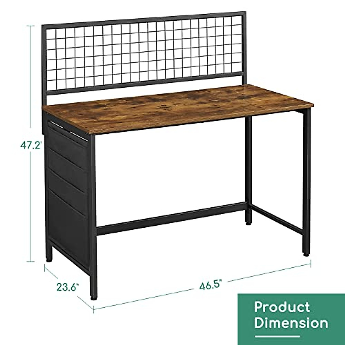 IULULU Computer Desk 47-Inch Home Office Writing Table with Grid Board, Modern Simple Study Workstation, Stable Metal Frame, Easy Assembly, Rustic Brown + Black