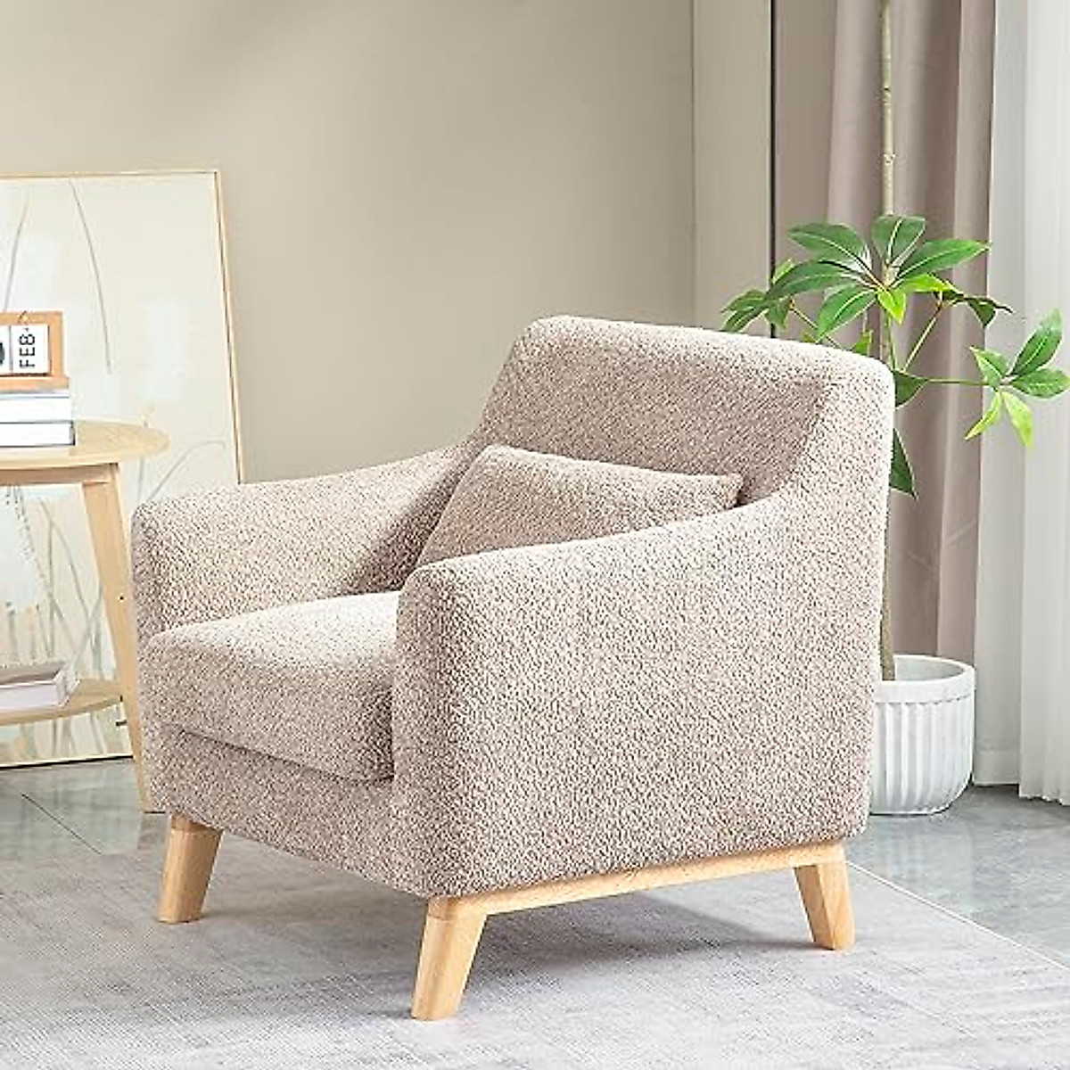 Living Room Single Sofa Chair,Modern Upholstered Teddy Sherpa Fabric Upholstery Accent Arm Chair,Comfy Reading Lounge Tub Barrel Club Arm Chair for Bedroom Small Spaces,Tufted Decorative,Lumbar Pillow