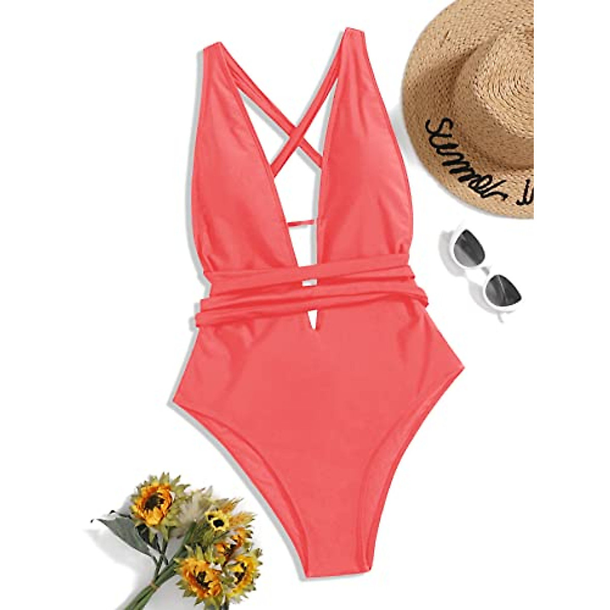 SweatyRocks Women's Sexy Basic Criss Cross Tie Knot Front Deep V Open Back One Piece Swimwear Watermelon Pink S