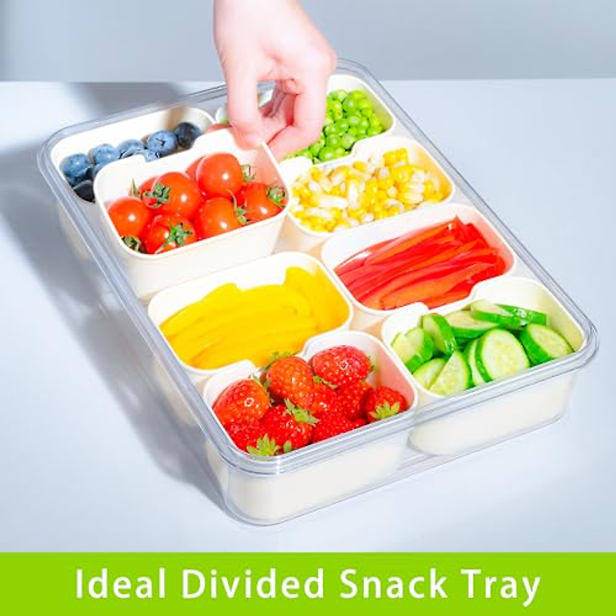 2 Pack Veggie Tray with Lid and Handle, Divided Fruit Tray, Portable Snackle Box, Fridge Organizer for Snack, Candy, Nuts, Cookies, Fruit, Clear Vegetable Tray for Party, Picnic, Travel, Wedding.