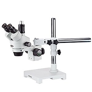AmScope SM-3T Professional Trinocular Stereo Zoom Microscope, WH10x Eyepieces, 7X-45X Magnification, 0.7X-4.5X Zoom Objective, Ambient Lighting, Single-Arm Boom Stand
