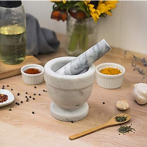 HIC Footed Mortar and Pestle Set, Spice Herb Grinder, Solid Carrara Marble