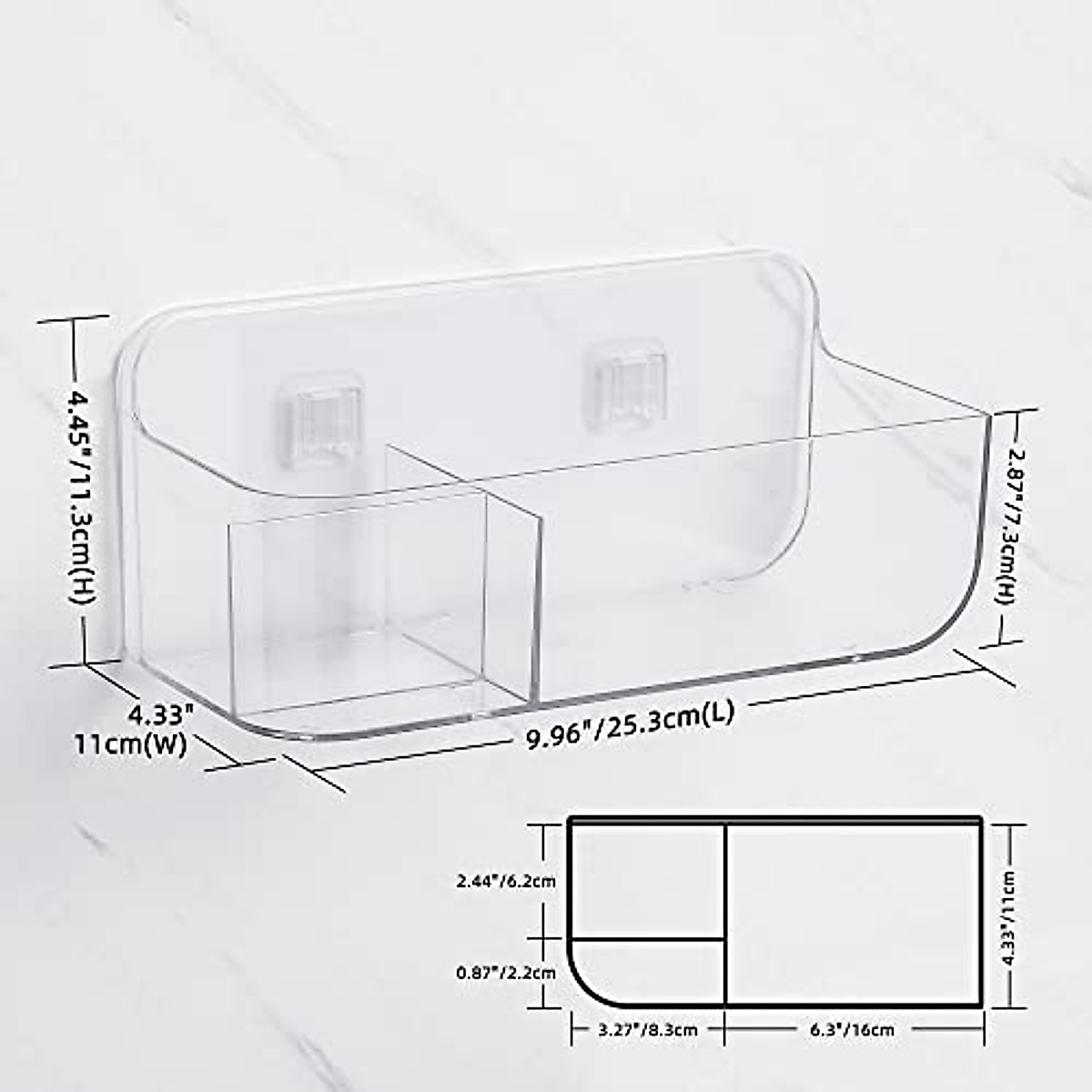 YOHOM Clear Adhesive Bathroom Caddy Organizer for Tile Wall Mounted Stick on Shower Caddy Floating Shelf Plastic Shampoo Holder with 3 compartments