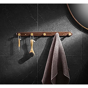 SARIHOSY Wall Mounted Coat Rack, Entryway Hanging Coat Rack, Metal Wood Coat Rail with 5 Rustic Hooks Rail for Coat, Scarf, Bag, Towel, Key, Cap, Hat, Walnut Gold Matt