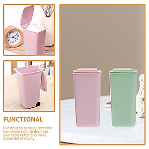 Tofficu Small Waste Basket 2pcs Mini Curbside Garbage Trash Bin with Wheels Lid Pen Holder Tiny Recycle Can Pencil Cup Desktop Organizer for Bedroom Office Desktop Car Green Pink