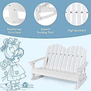 Giantex 2-Person Adirondack Rocking Chair - Kids Outdoor Rocking Bench with Slatted Seat, High Backrest, 220LBS Weight Capacity, Patio Rocker for Balcony, Yard, Poolside (1, White)