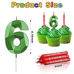 13 Pcs Dynamite Candles TNT Themed Birthday Cake Candles 3D Design Green Number Candles TNT Cake Toppers for Kids Adults Wedding Baby Shower Birthday Video Game Party Supplies (Number 6)