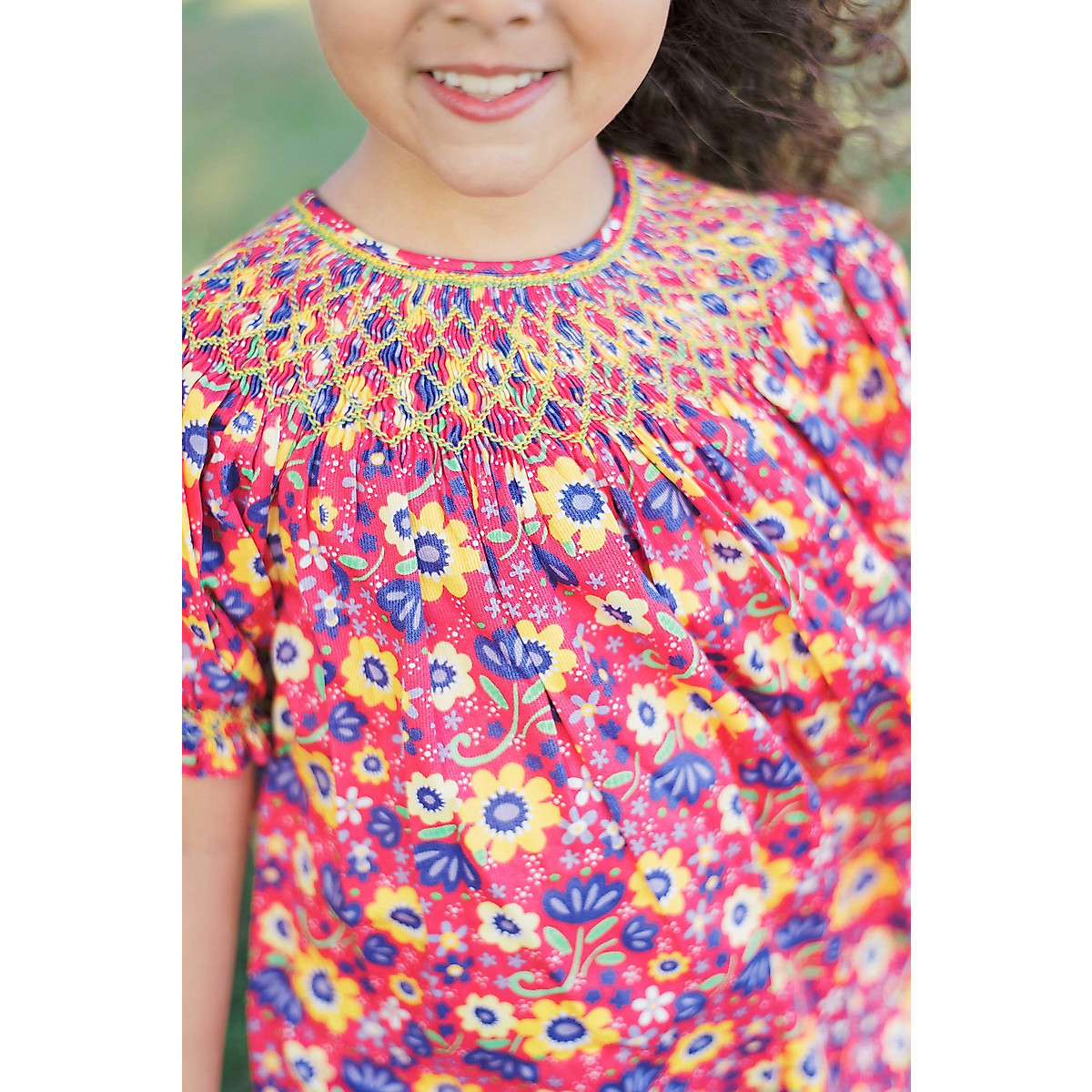 Hand Smocked Baby Girls Bishop Dress in Hot Pink Floral Fabric