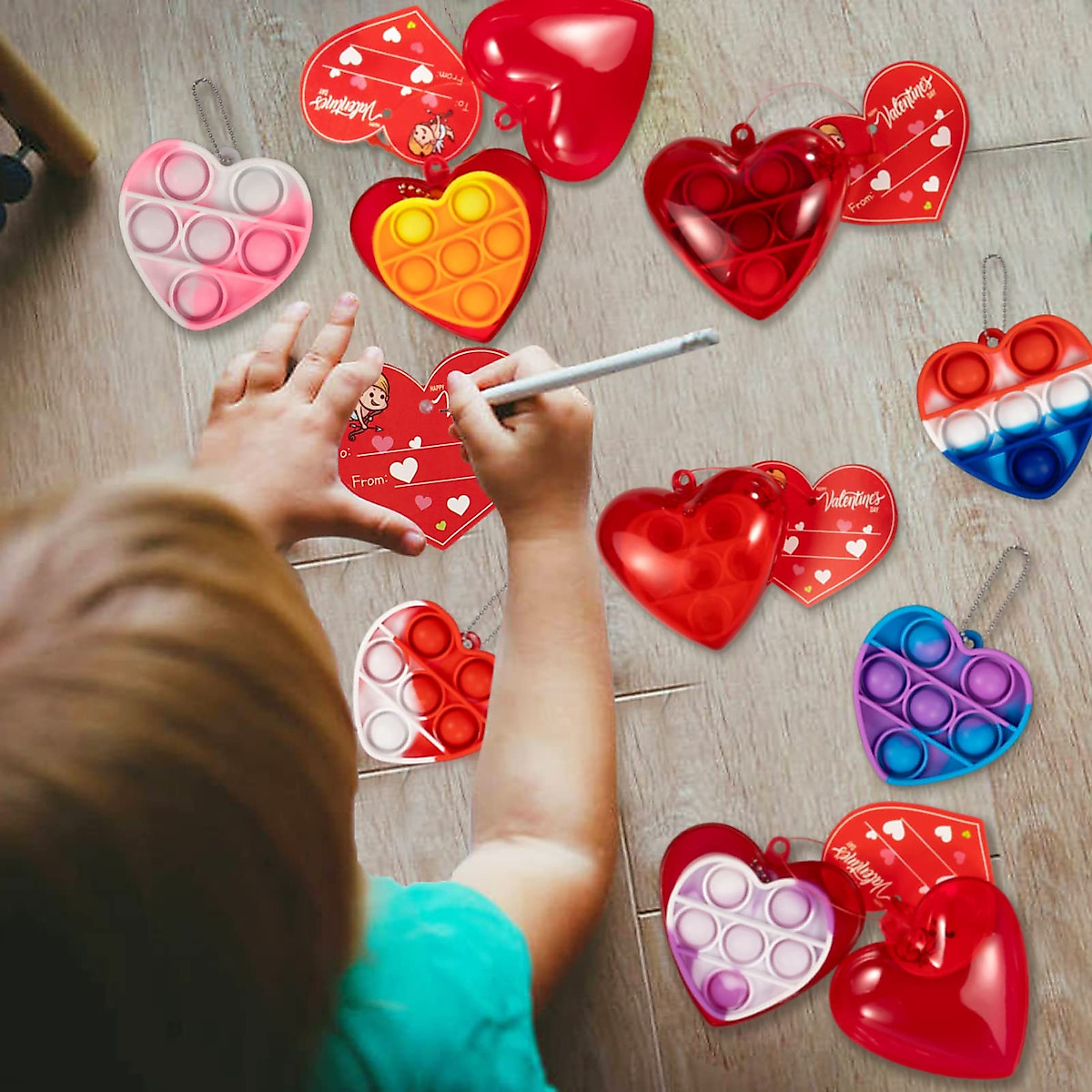 Prefilled Heart Pop Heart Fidget Toys with Cards for Kids - 12 Pack Mini Heart Pop Bubble Sensory Toys Bulk with Keychain Toddlers Girls Boys Exchange Birthday Gifts for Party Favors Supplies