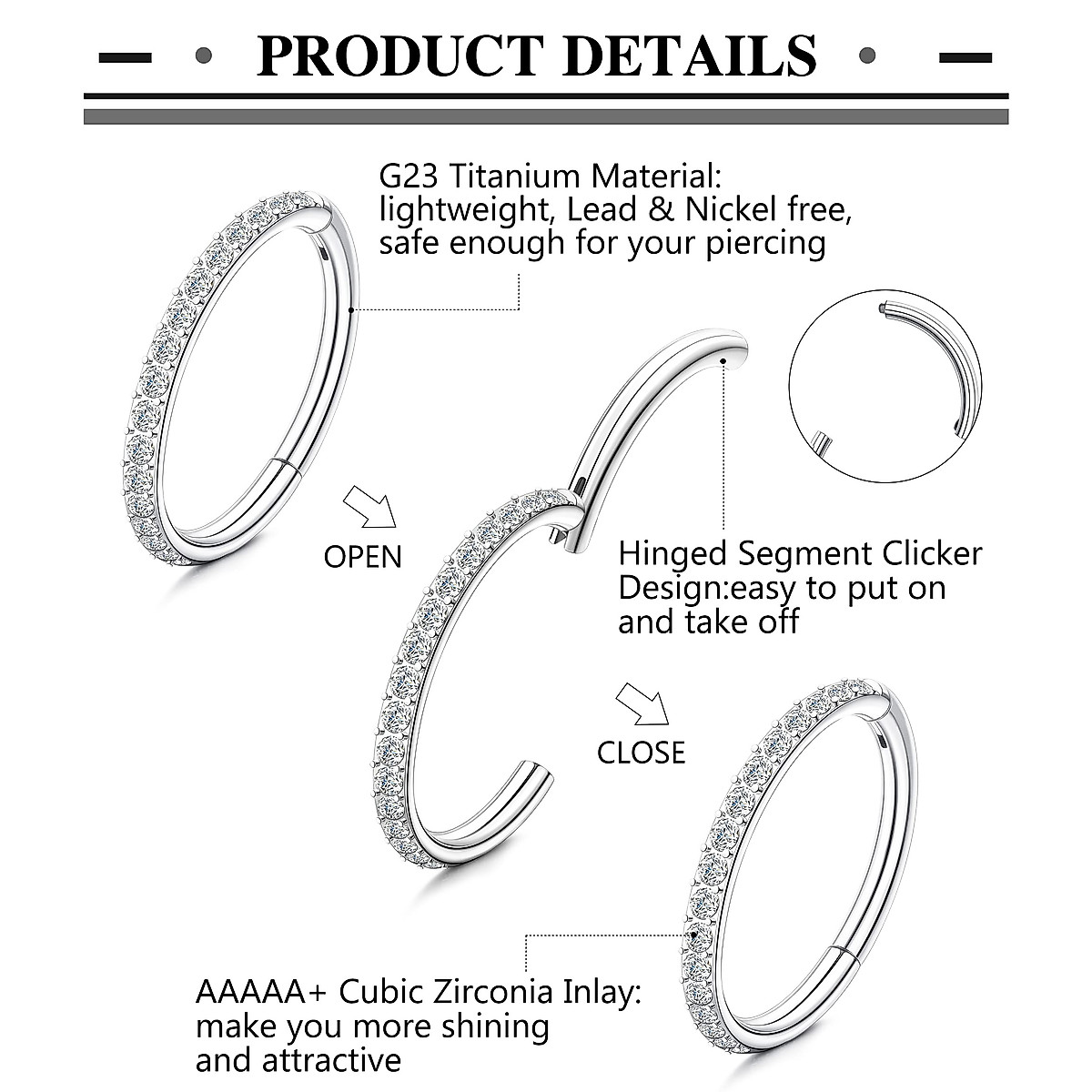 SAILIMUE G23 Titanium CZ Nose Rings Hoop for Women 18G 16G Clicker Hinged Segment Septum Lip Rings Tragus Conch Helix Cartilage Rook Daith Earrings Hoop Piercing Jewelry Diameter 6mm 8mm 10mm Silver