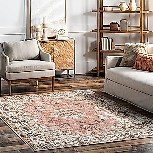 nuLOOM Ren Vintage Floral Machine Washable Ultra Thin Area Rug, 8x10, Peach