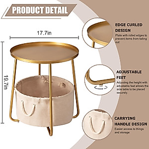 danpinera Gold Side Table, Small Round Side Table with Fabric Storage Basket, Metal Side Table for Nursery, Living Room, Bedroom, Bathroom