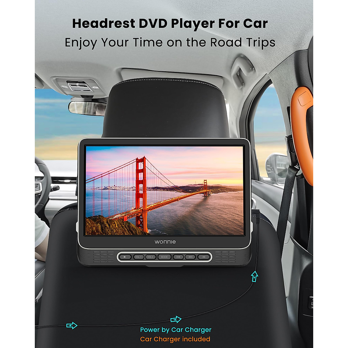 WONNIE 12" Headrest DVD Player Portable for Car, Support 1080P/MP4 Video with HDMI Input/Output, Mounting Bracket, AC Adapter, Car Charger, AV Out, USB Card Reader, Last Memory