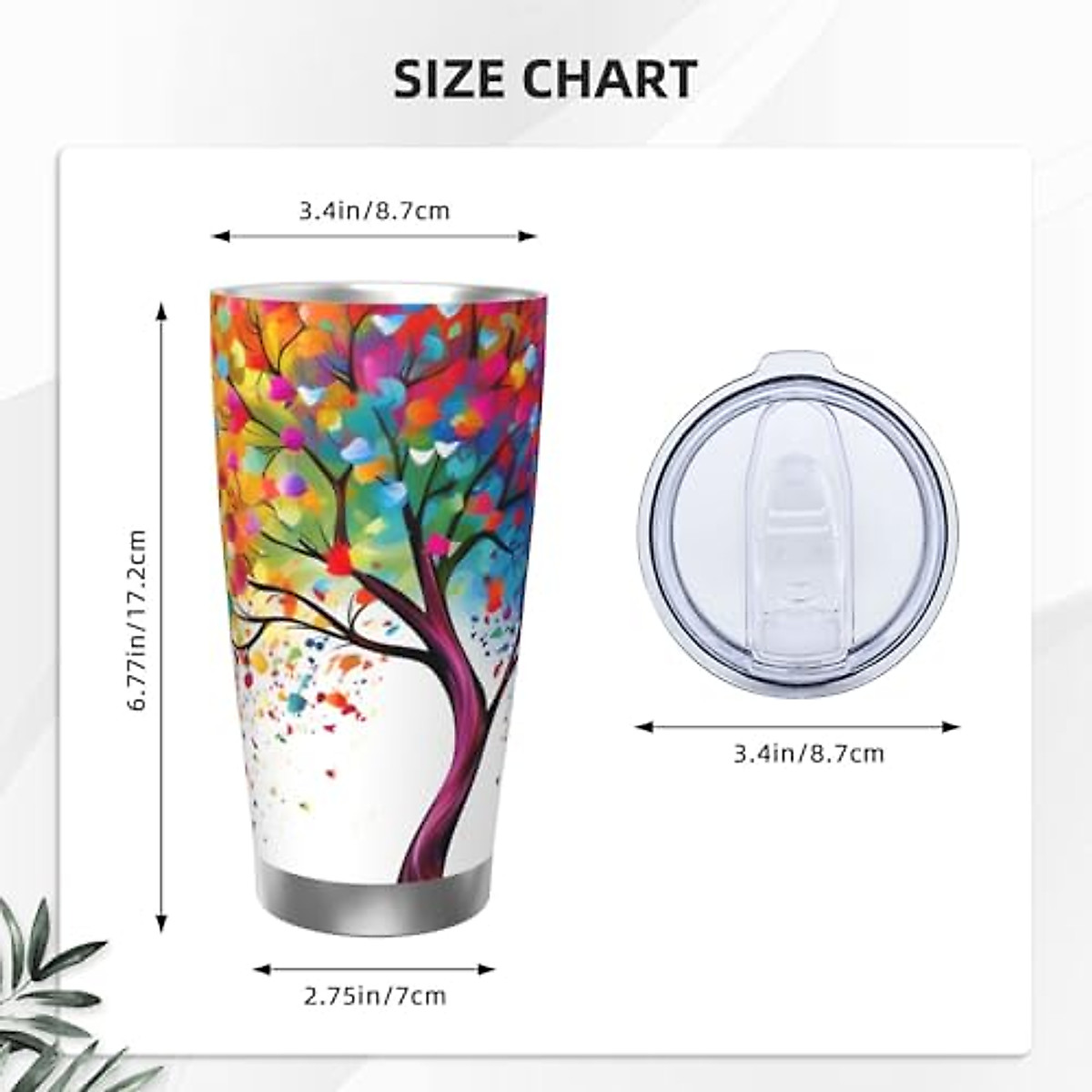 Colorful tree Tumbler with Lid and Straw 20oz Stainless Steel Car Cup for Hot and Cold Drinks, Double Wall Insulated Travel Coffee Mug Reusable Drink Thermos Cup Birthday Gifts