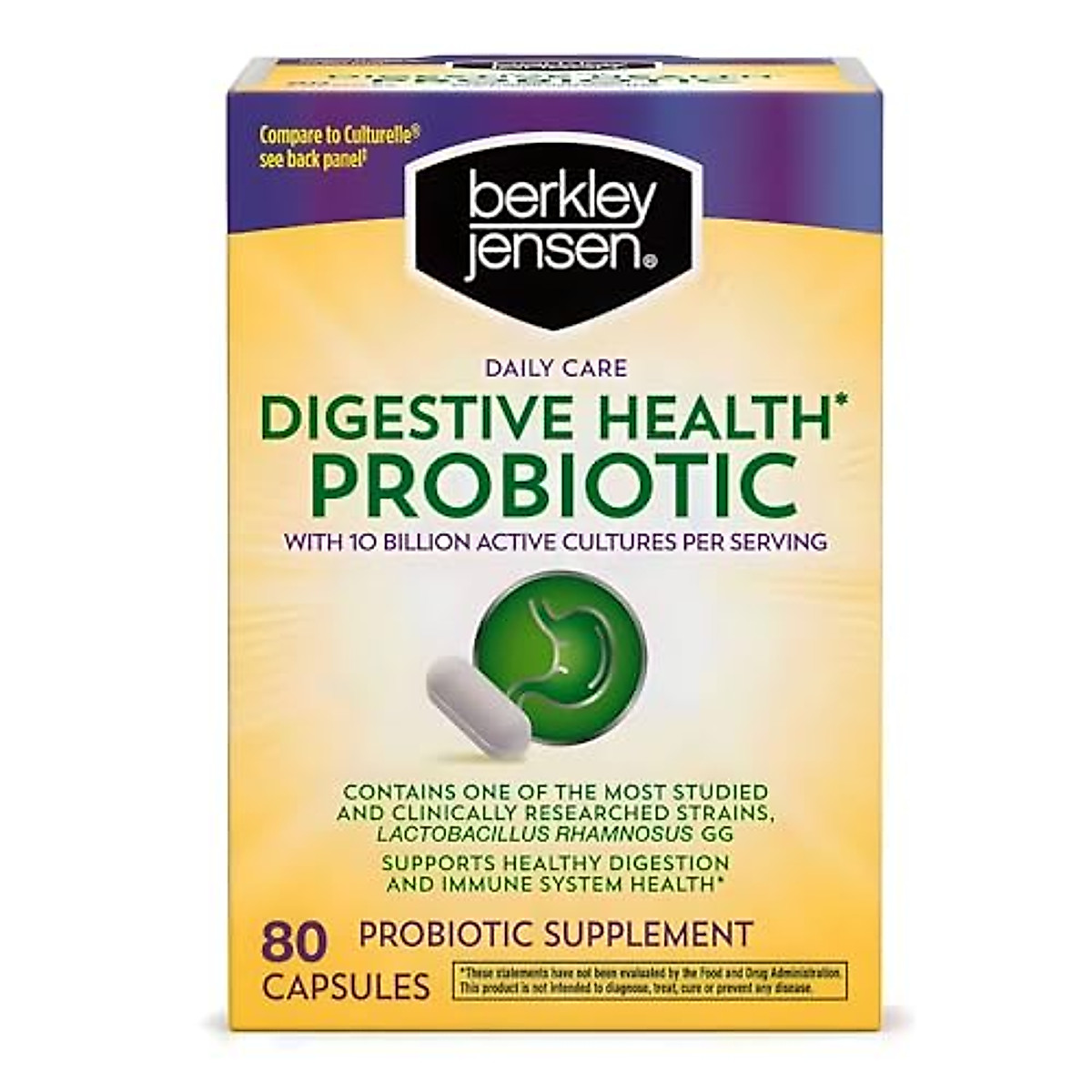berkley jensen Daily Care Digestive Health Probiotics for Women & Men - Advanced Formula with Lactobacillus Rhamnosus GG & Lactobacillus Acidophilus - for Immune Support & Gut Health - 80 Capsules