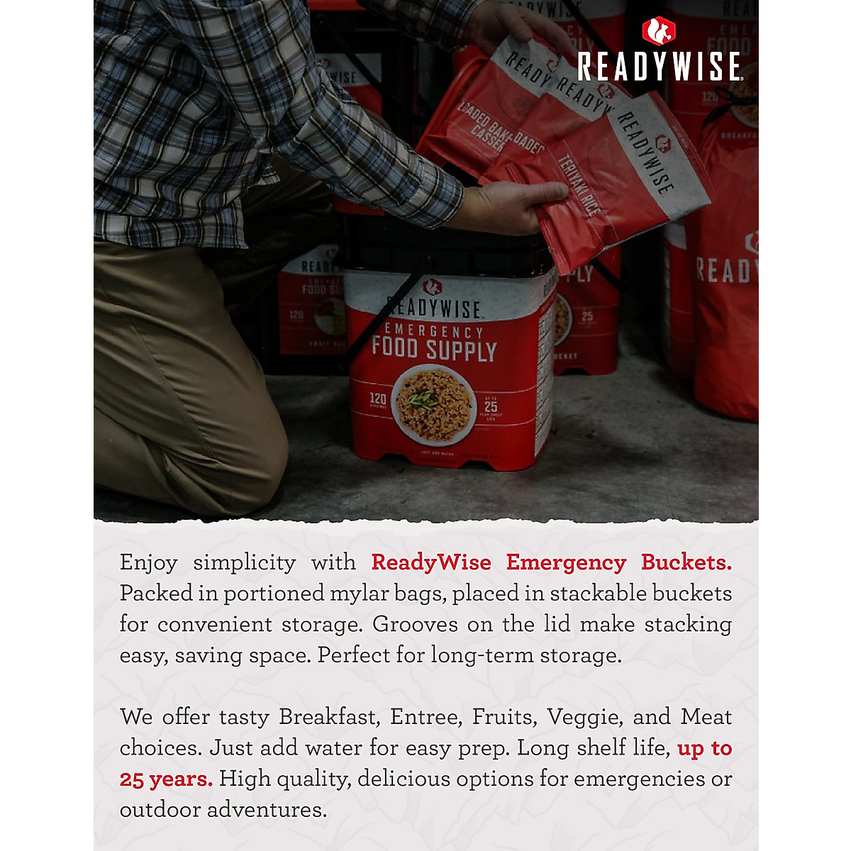 READYWISE- 1 Year, Emergency Food Supply, 3,576 Servings, 24 Buckets, Freeze-Dried, MRE, Camping, Hiking, Survival, Adventure Meal, 25-Year Shelf Life