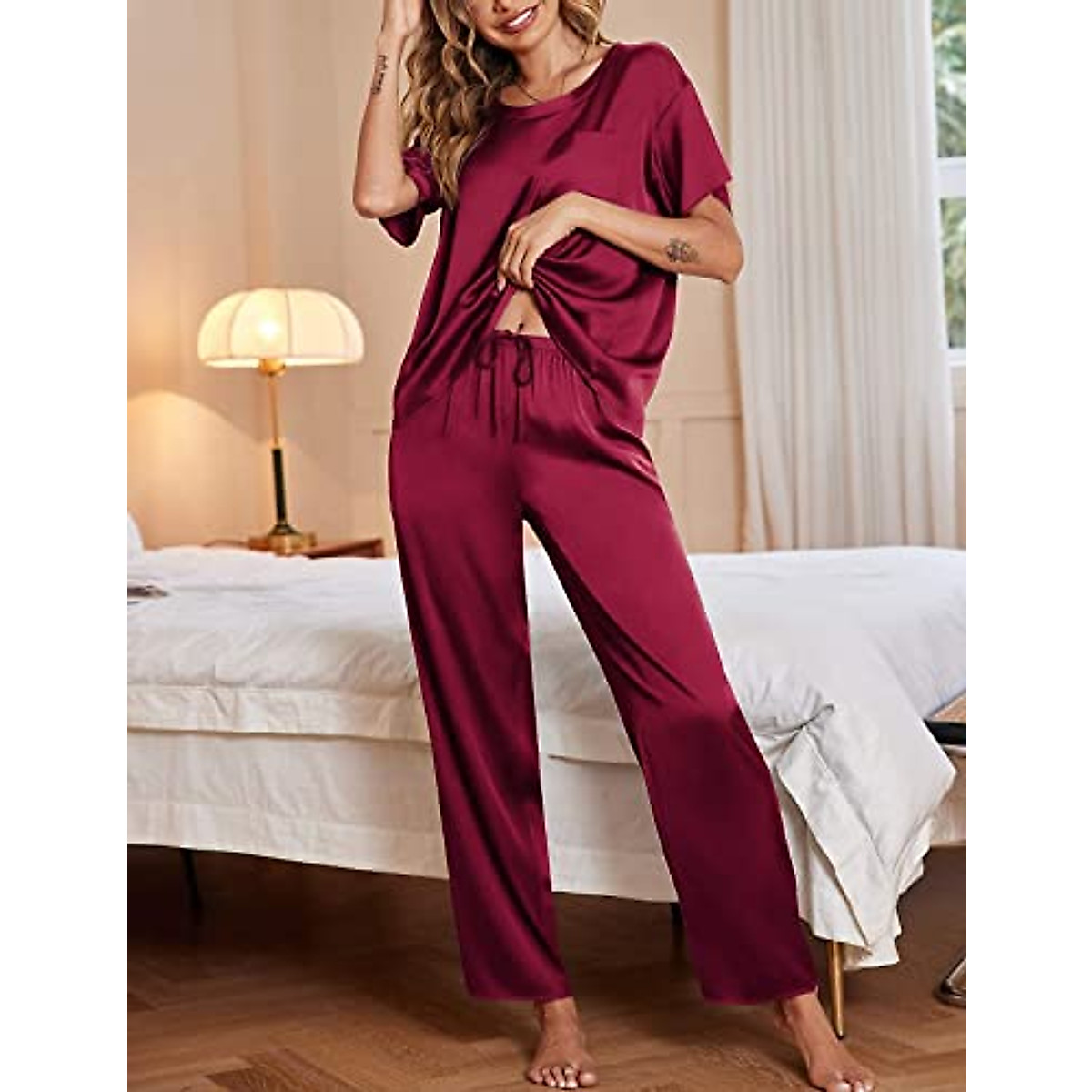 Inadays Womens Silk Pajamas Set Satin Silky Lounge Set Short Sleeve Shirt with Long Pajama Pant Pajamas For Women Set Red Wine