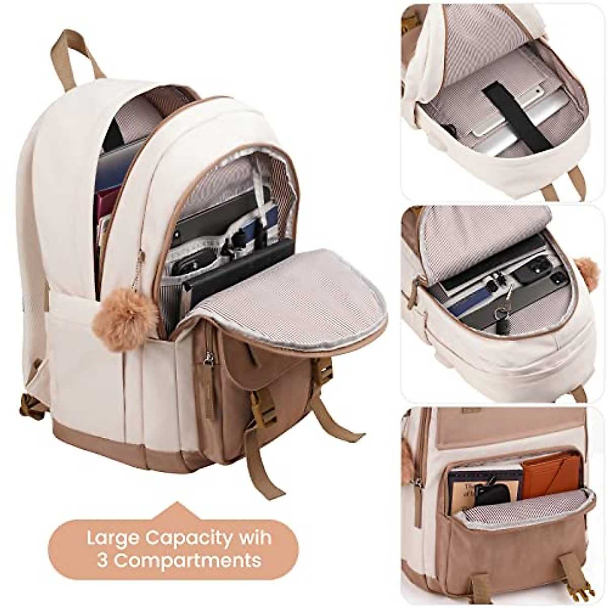 MOMUVO Backpacks for Girls, 15.6 Inch Laptop School Bag Cute College Backpack Large Bookbags for Teens Women Students Anti Theft Travel Daypack (Khaki & Beige)