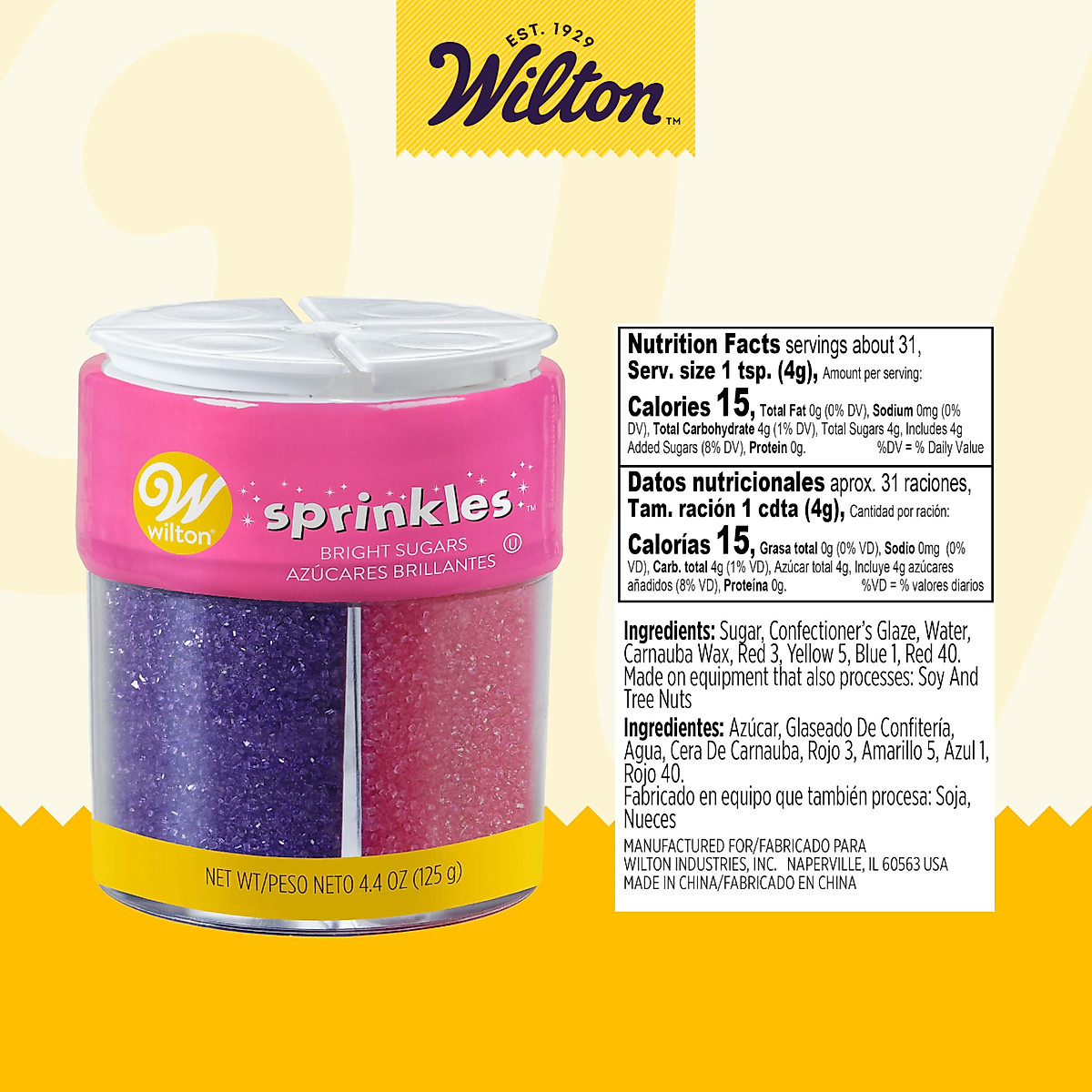Wilton Colored Sugar Sprinkles Medley Baking Supplies, 4.4 oz, Bright Multicolored