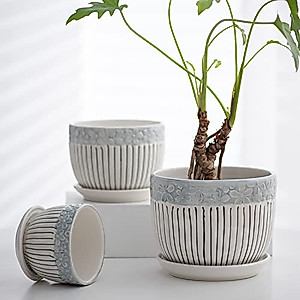 Ton Sin Grey Flower Pots,Texture Planter for Indoor Plants Set of 3 Ceramic Flower Pots with Saucer,Cute Garden Pots Succulent Pots（3 Pack,Grey
