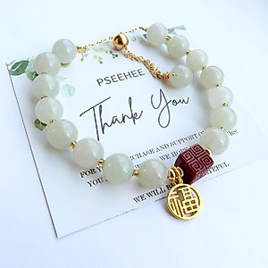 PSEEHEE Handmade Genuine Jade Lucky Fu Charm Bracelet, Feng-shui Stone Chakra Healing Gemstone Crystal Beads Adjustable Bangle Cuff Jewelry Gift for Men Women