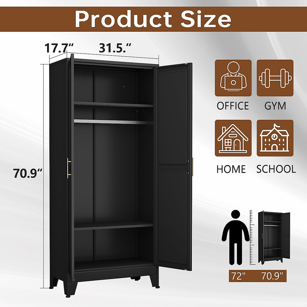 pozdeg Metal Armoire Wardrobe Closet, 71" Tall Clothing Storage Cabinet with Hanging Rods, Household Closet Organizers with Adjustable Shelves for Home Office or Gym (Black)