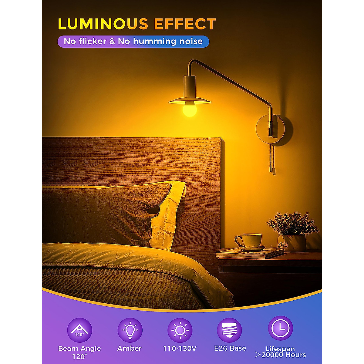 JandCase Sleep Light Bulb, Amber Light Bulbs for Sleep Therapy, Blue Light Blocking, 1900K Dim Light Bulbs 60W Equivalent, Mood Soothing Light, E26 A19 Warm Light Bulbs for Bedroom, Nursery, 2 Pack