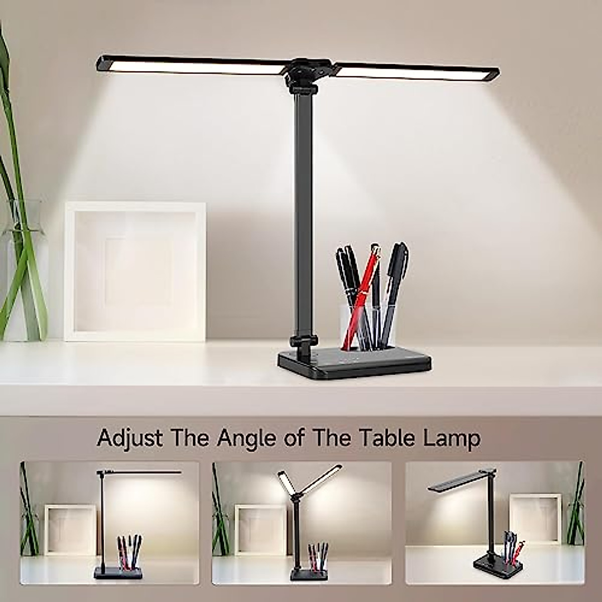 rigors LED Desk Lamp for Home Office - Dual Swing Arm Desk Light with USB Charging Port,Eye-Caring Foldable 5 Color Modes 10 Brightness Levels Dimmable Desk Lamp for College Dorm Room (Black)