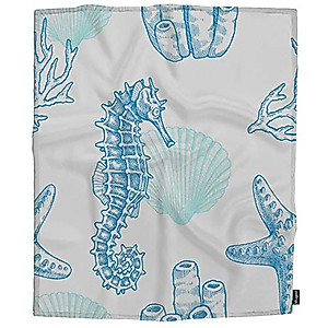 Mugod Sea Life Throw Blanket Seahorse Starfish Coral Sprigs and Seashell Marine Seamless Pattern Decorative Soft Warm Cozy Flannel Plush Throws Blankets for Baby Toddler Dog Cat 30 X 40 Inch
