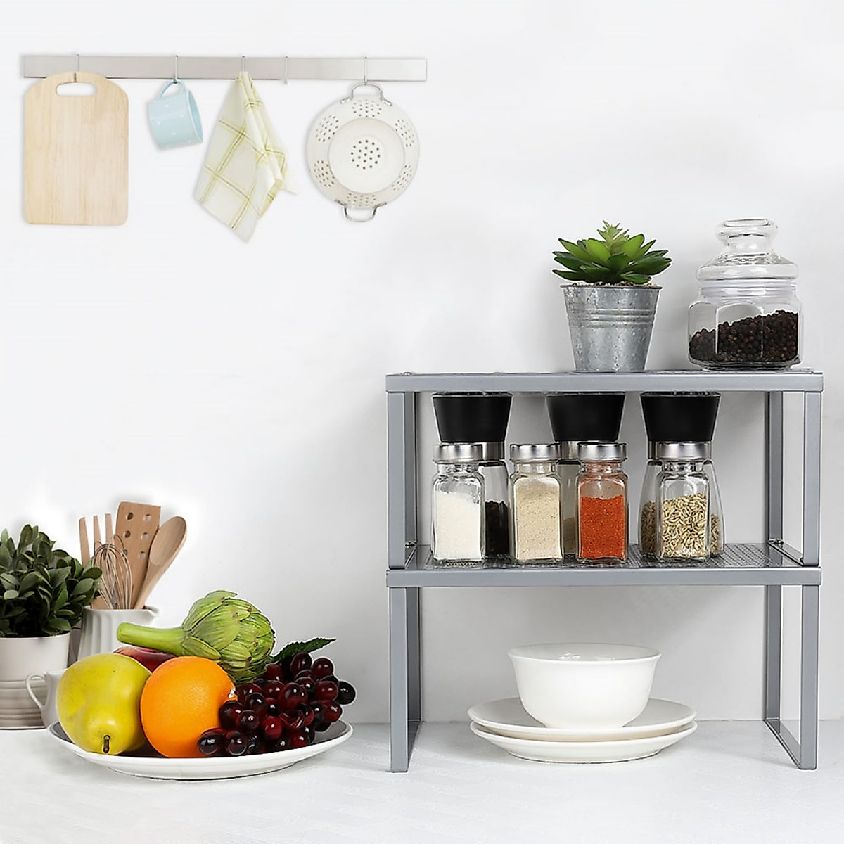 NEX Kitchen Shelf Organizer for Cabinet Counter Cupboard Pantry, Stackable & Expandable, Dark Silver