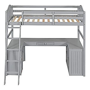 GJHOME Kids Loft Bed with Desk and Drawers, Wooden Twin Loft Bed with Storage Shelves and Angled Ladder, High Loft Bed Frame for Kids, Teens, Adults Boys & Girls, Gray