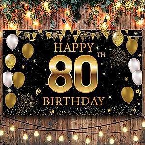 80th Birthday Party Decorations Backdrop Banner, Happy 80th Birthday Decorations for Men Women, 80 Years Old Birthday Photo Booth Props Black Gold, 80 Birthday Yard Sign, Fabric Vicycaty