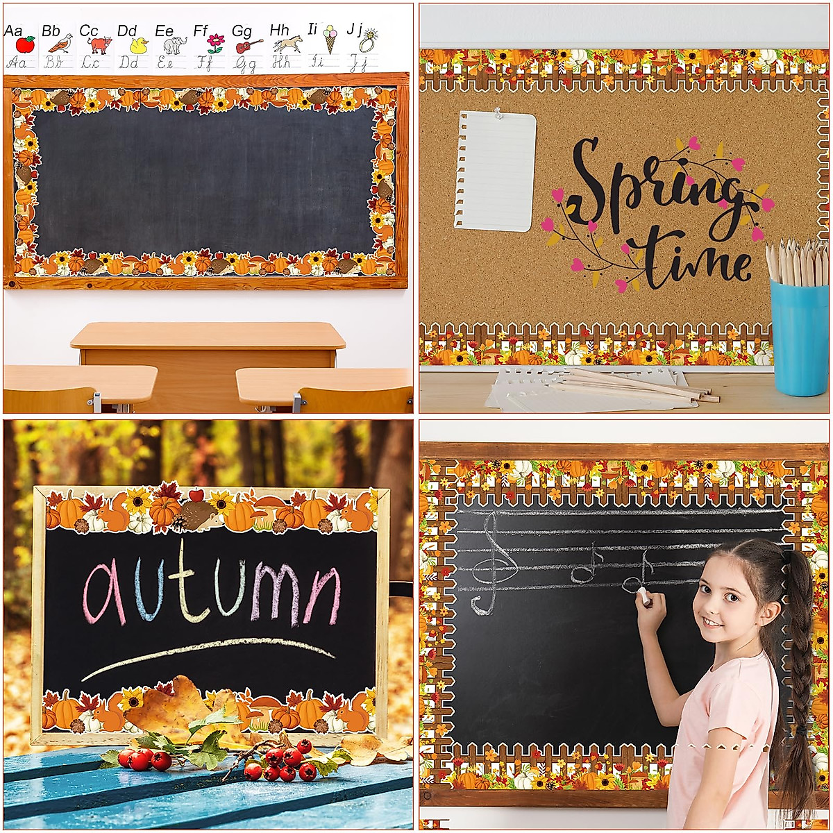 Whaline 69FT Fall Bulletin Board Borders Autumn Fence Flower Border Trim Self-Adhesive Pumpkin Fall Leaves Squirrel Hedgehog Board Decal Stickers for School Classroom Wall Thanksgiving Decor
