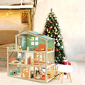 Large Pink Wooden Dollhouse with Furniture for Girls, 6 Rooms 2.6ft High with Elevator,Doorbell, Light,15 Pcs Furniture & 3 Dolls, Kids Playhouse Toy for Girls 3-7+, 31.5" x 25" x 12.2"